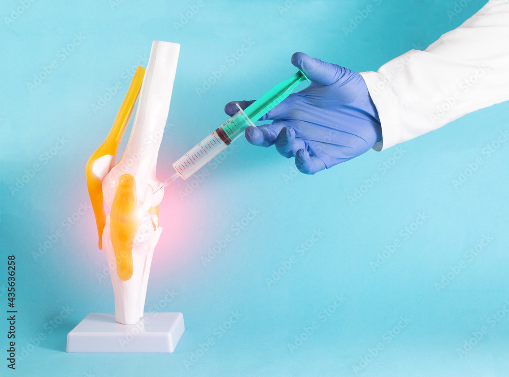 The doctor makes a therapeutic injection into the mock knee joint with ...