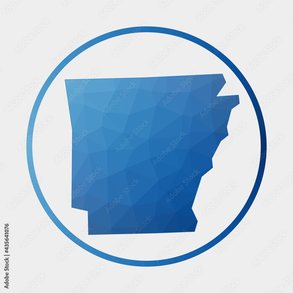 Arkansas icon. Polygonal map of the us state in gradient ring. Round ...