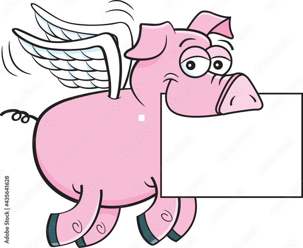 Cartoon illustration of a happy pig with wings flying while holding a ...