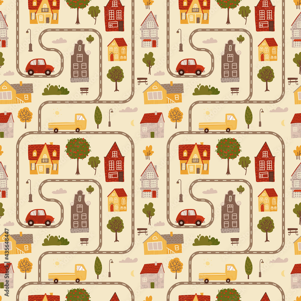 Seamless pattern - texture simulating a map with roads, cars painted in ...