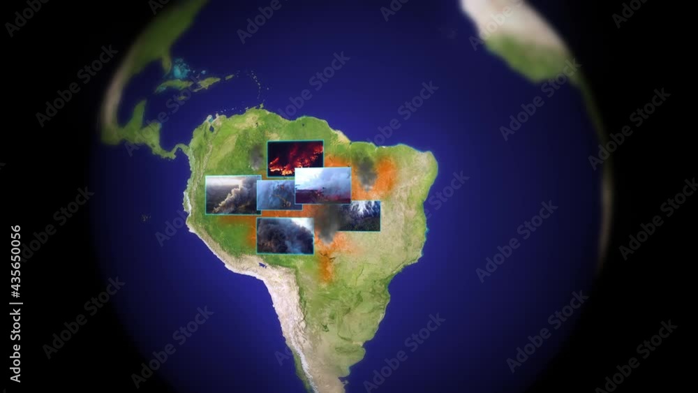 Amazon wildfire screens on Globe background - 3d render animation ...