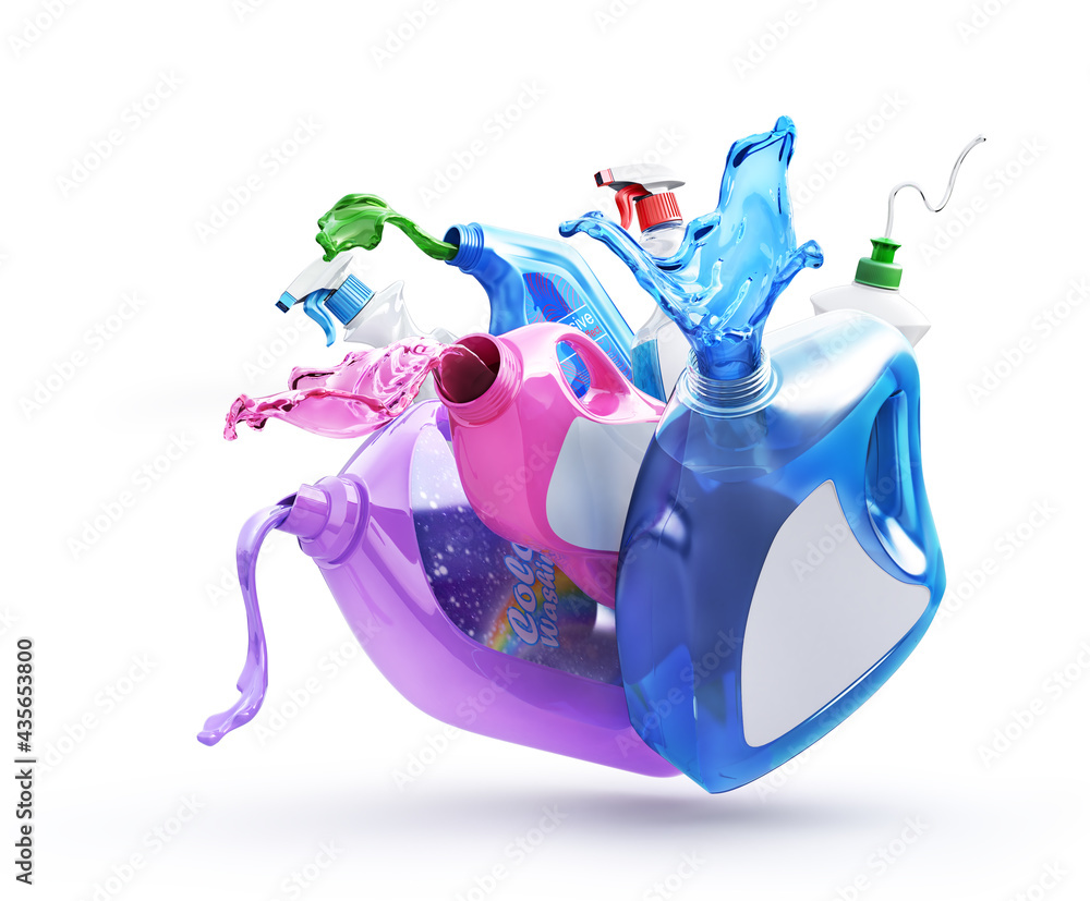 Different bottles with pouring detergent on a white background. 3d ...