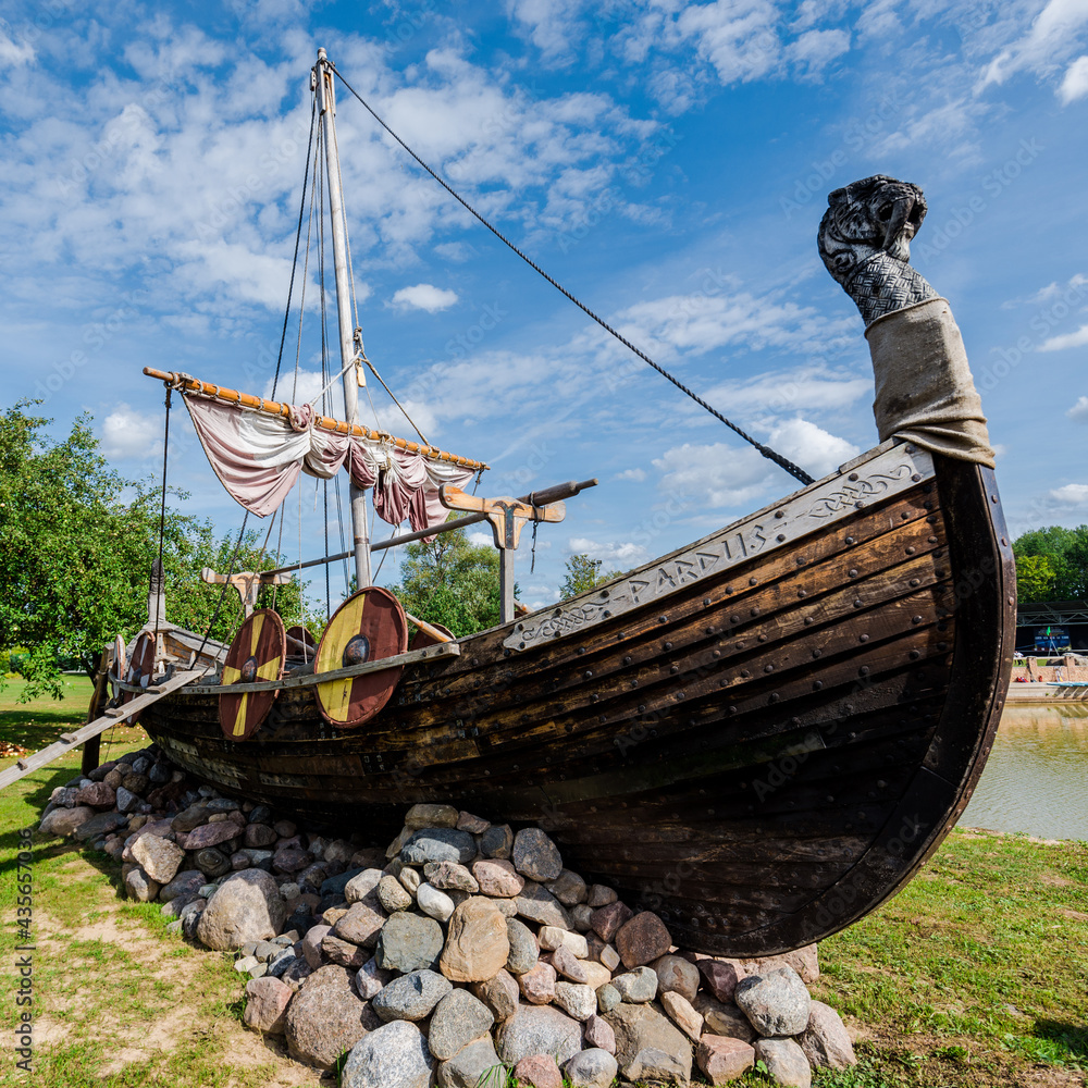 Old wooden viking snekkja longship type, close-up. Nautical vessel ...