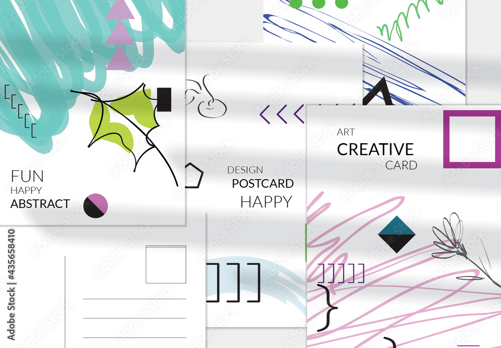 Postcard Layout with Hand Drawn Abstract Floral Doodles and Geometric ...