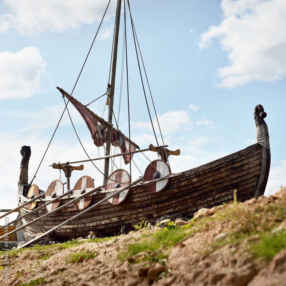 Old wooden viking snekkja longship type, close-up. Nautical vessel ...
