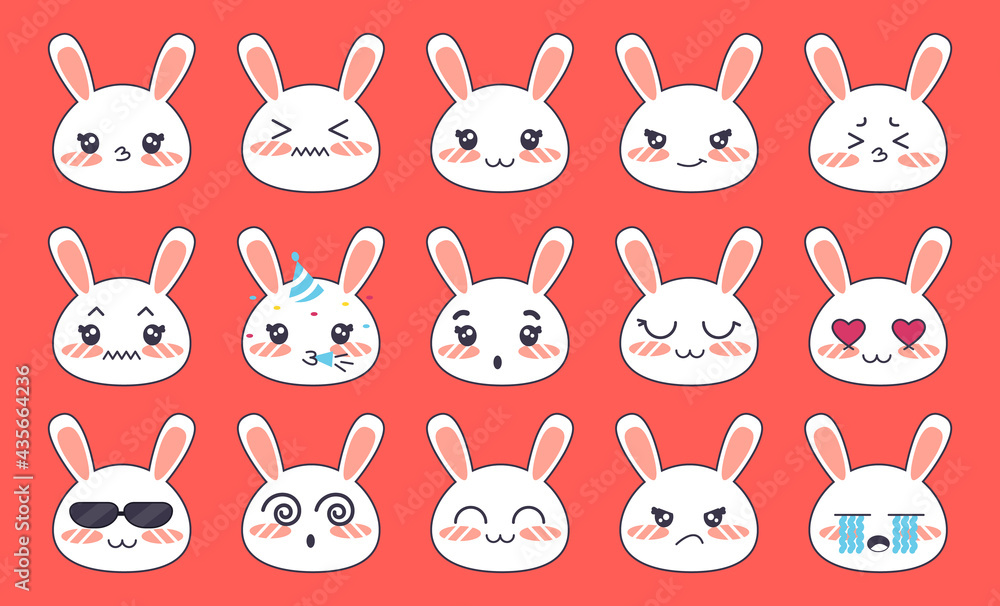 Emoticons with a white rabbit. Emoji collection for chat. Set of vector ...