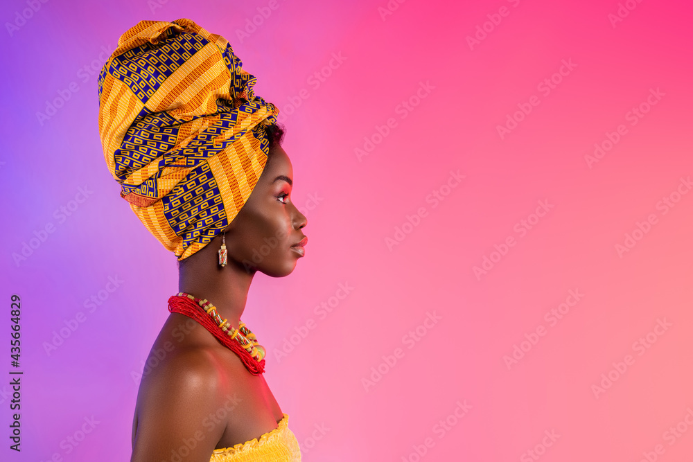 Profile side portrait of attractive girl wearing luxury look copy empty ...