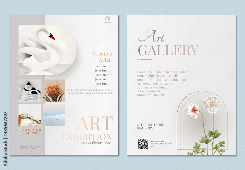 Art Gallery Flyer Layout with White Flowers Stock Template | Adobe Stock