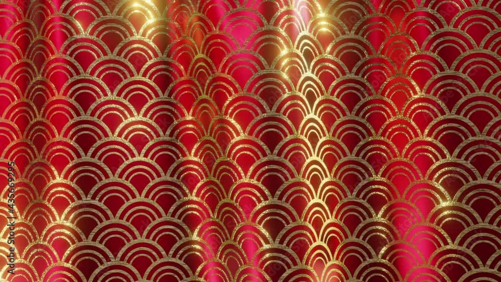 Gently waving silky Chinese style fabric, gold wave pattern on red ...