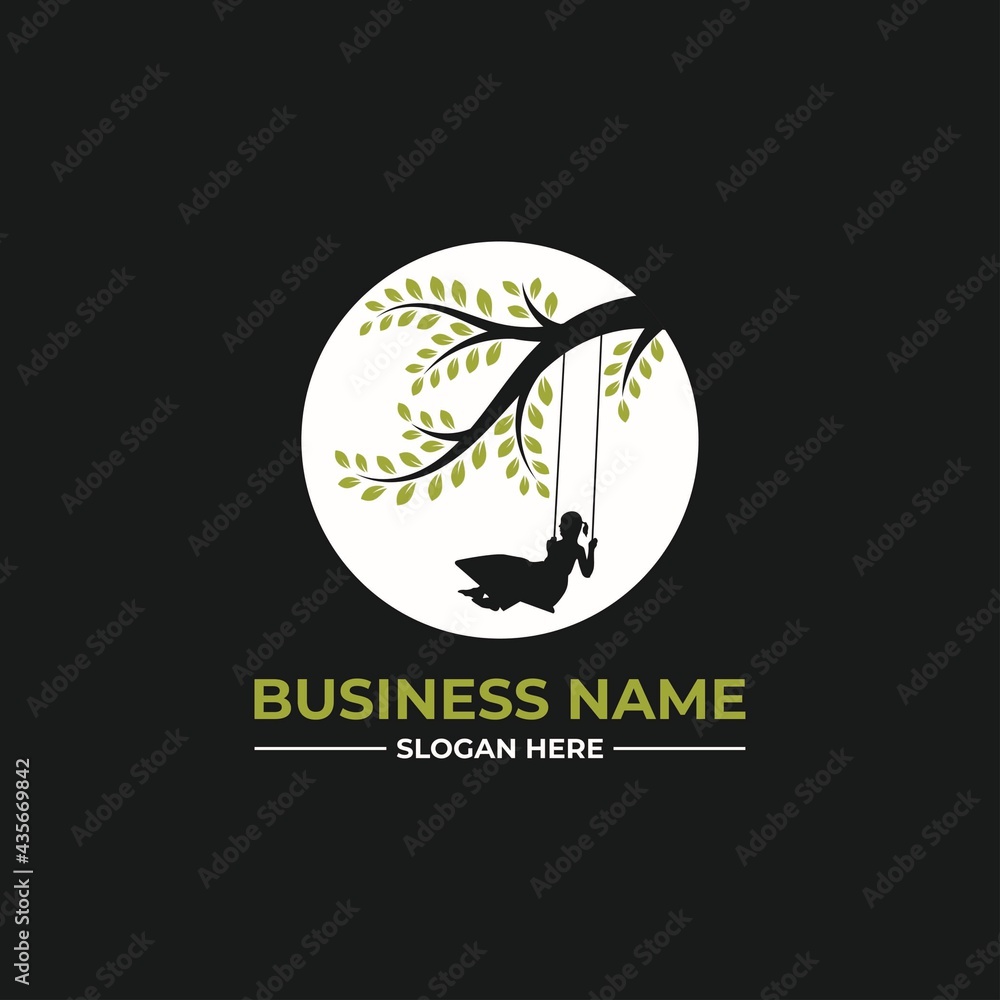 moon swing logo design. girl swing logo tree with the moon. night swing ...
