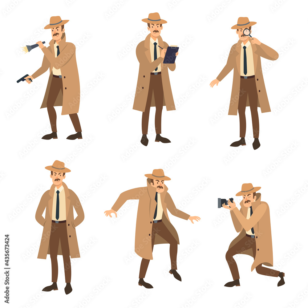 Private detective with mustache vector illustrations set. Cartoon ...