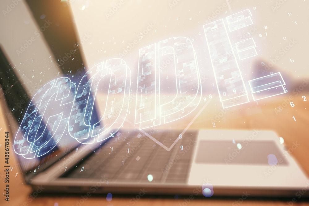 Creative Code word hologram on modern computer background, artificial ...