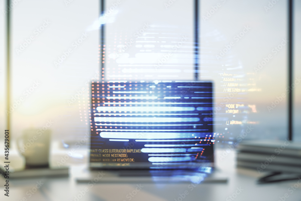 Double exposure of abstract programming language with world map on ...