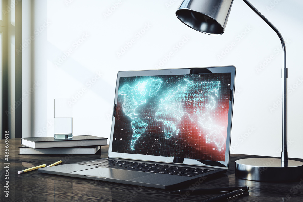 Abstract creative digital world map on modern laptop monitor, tourism ...