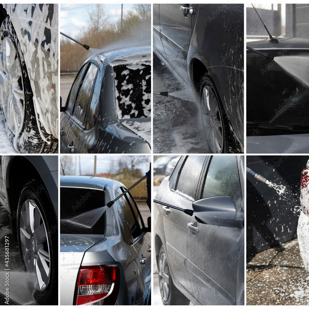 Car wash collage of car cleaning photos. The process of cleaning ...