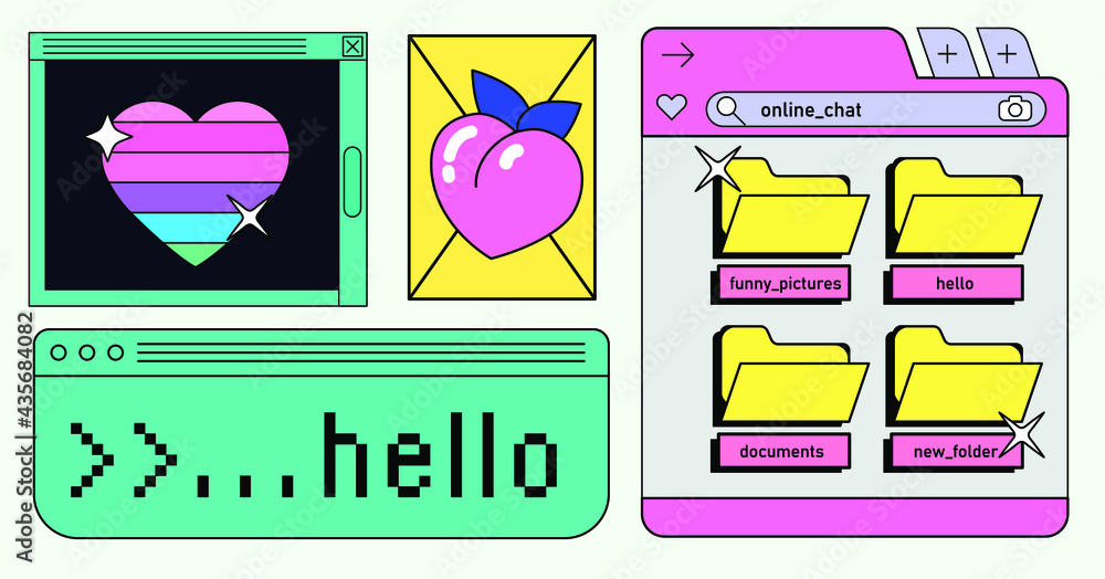 Retrowave style desktop with message boxes, terminal console window and ...