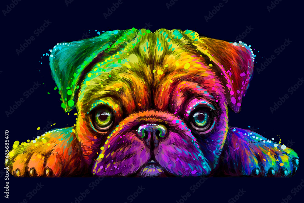 Pug. Sticker Design. Abstract, Multicolored, Neon portrait of the head ...