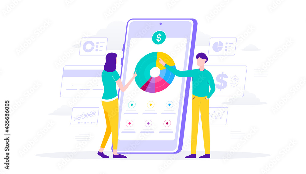 Monitoring money e-wallet on mobile app. Analyzing graphs. Flat vector ...