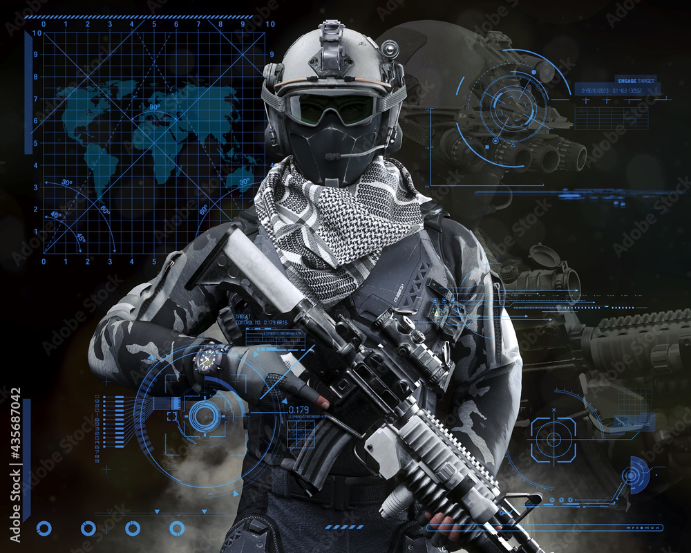 Portrait of a modern special Operation military soldier equipped with ...