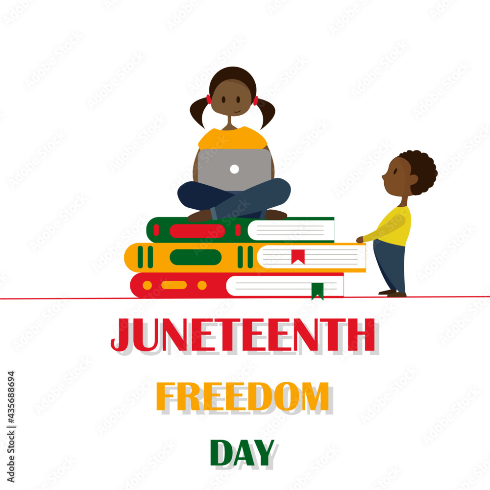 An illustration of a black girl sitting on a stack of books and a boy ...