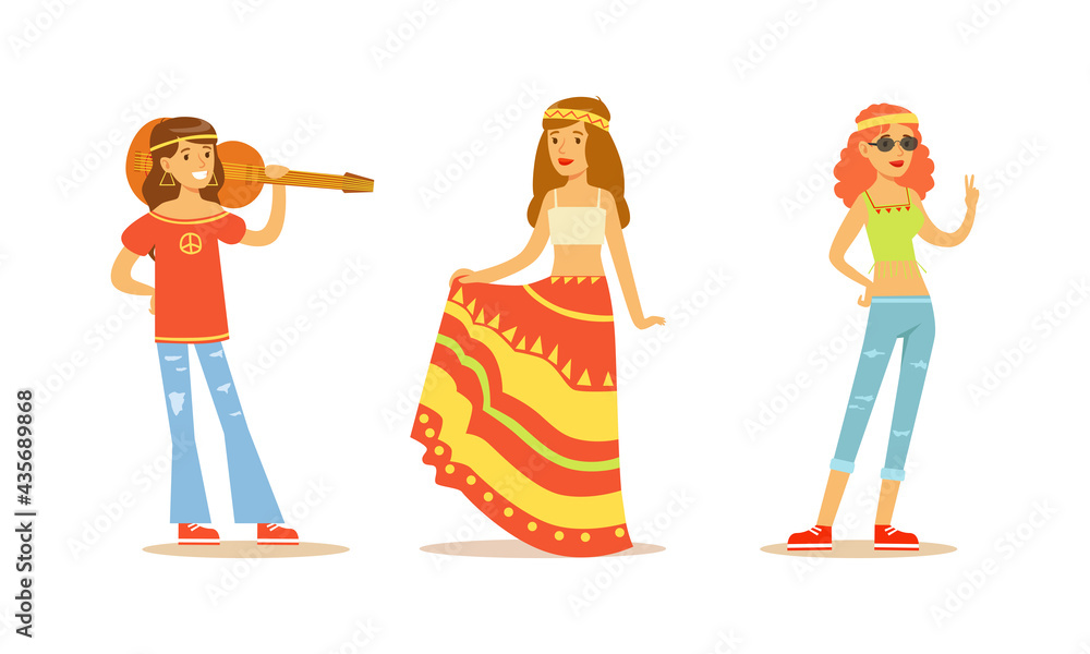Beautiful Hippie Girls Set, Young Women Characters Wearing Hippy Retro ...