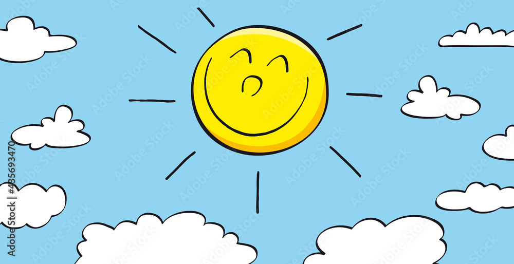 Die Sonne wird bald wieder scheinen, strahlende Sonne Cartoon am blauen ...