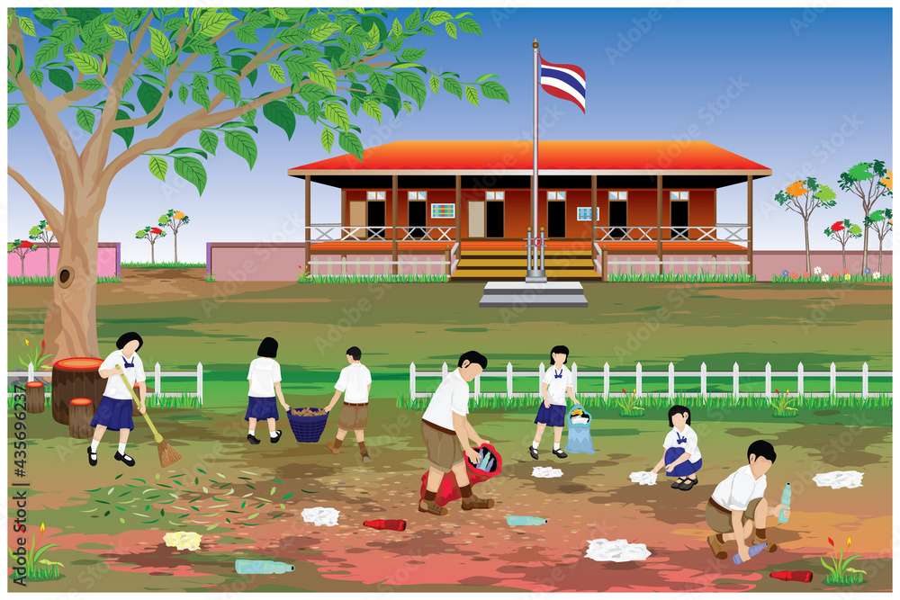 The students helped clean up the garbage in the school area vector ...