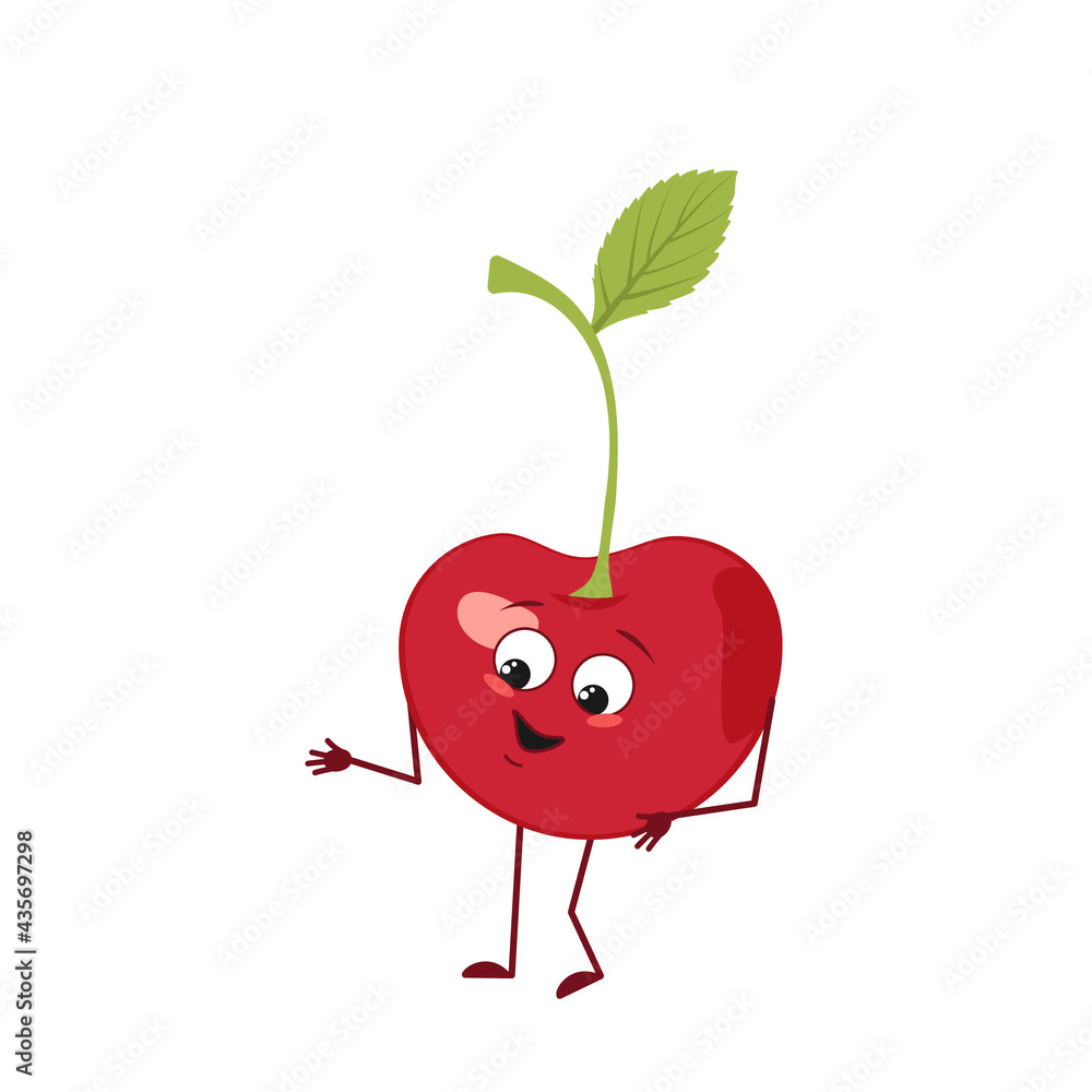 Cute cherry character with joy emotions, smiling face, happy eyes, arms ...