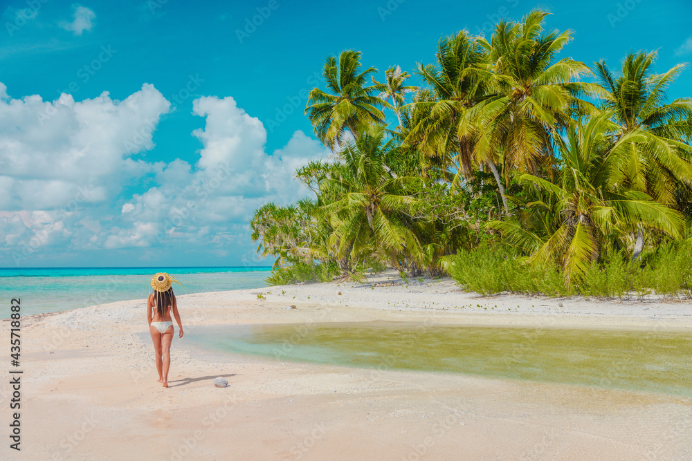 Luxury paradise private island woman traveller relaxing walking on ...