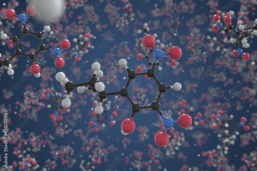 Dinoseb molecule, ball-and-stick molecular model. Chemical 3d rendering ...
