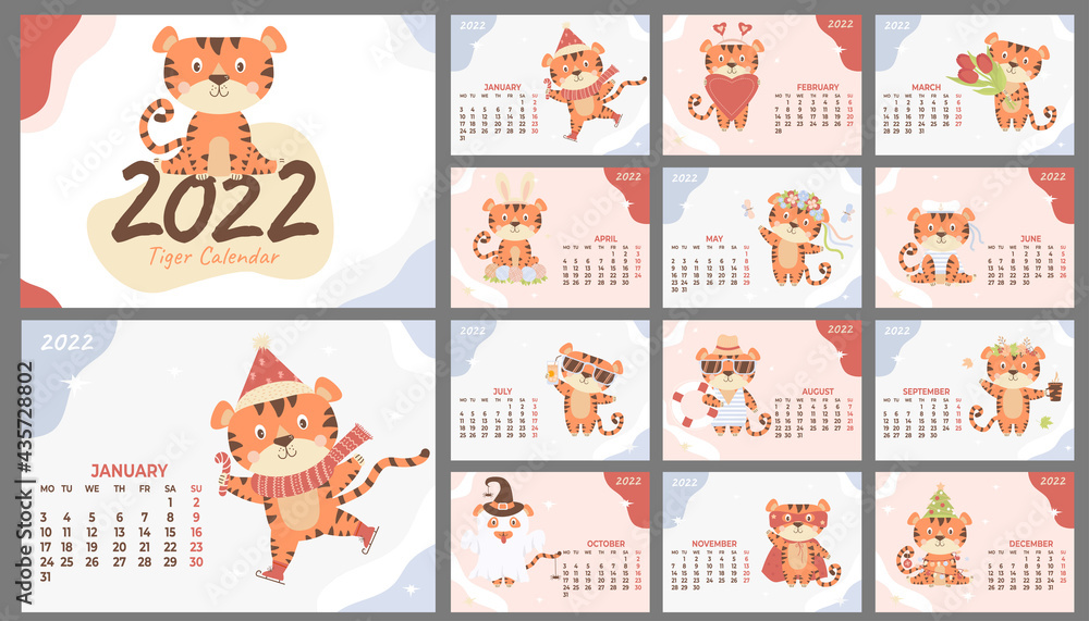 Wall calendar template for 2022. Year of the Tiger in the Chinese or ...