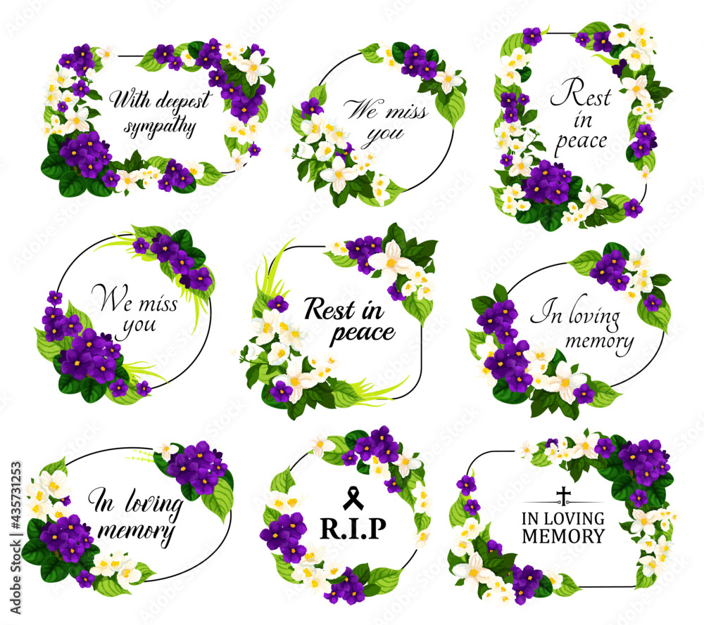 Funeral service vector wreaths and floral frames. Condolence flower ...