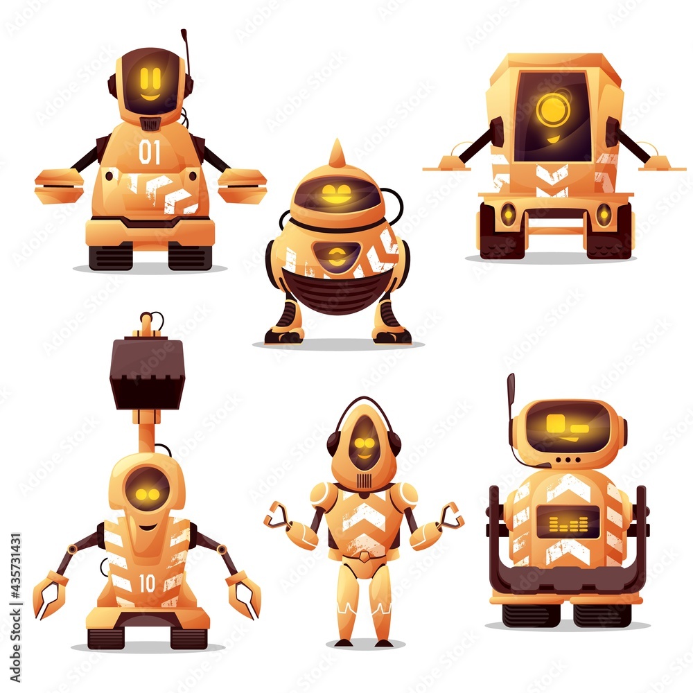 Vetor de Robots road workers, vector cyborgs with friendly glow faces ...