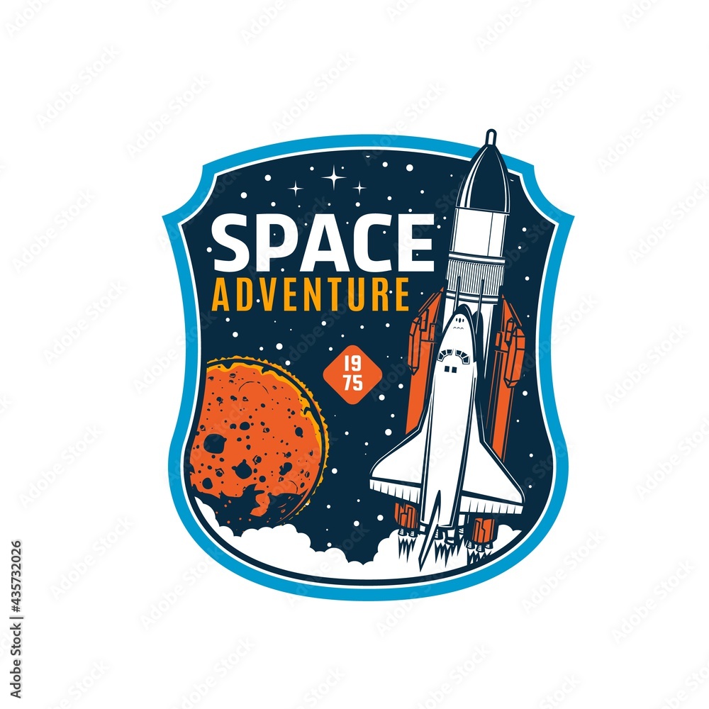 Space shuttle icon, galaxy explore vector retro emblem. Rocket take off ...