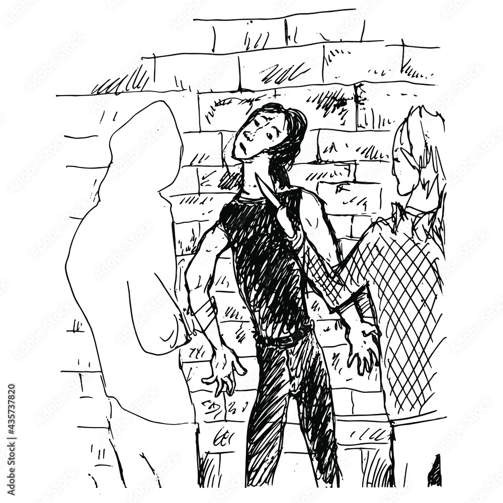 Street fighting. Three guys arguing threaten with a knife. Hand drawn ...