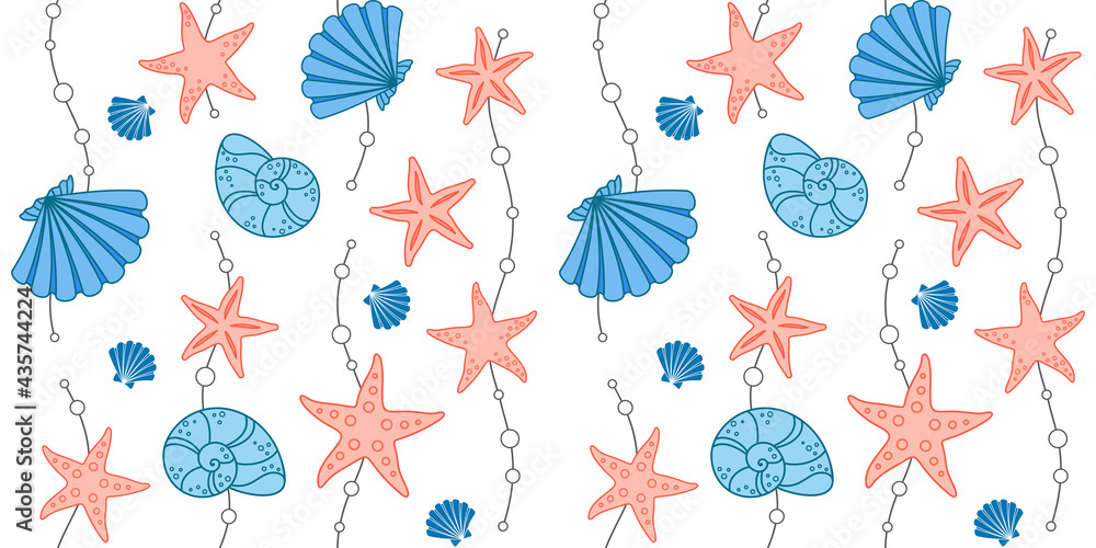 Decorative blue seashells, pink starfish and waves with beads on a ...