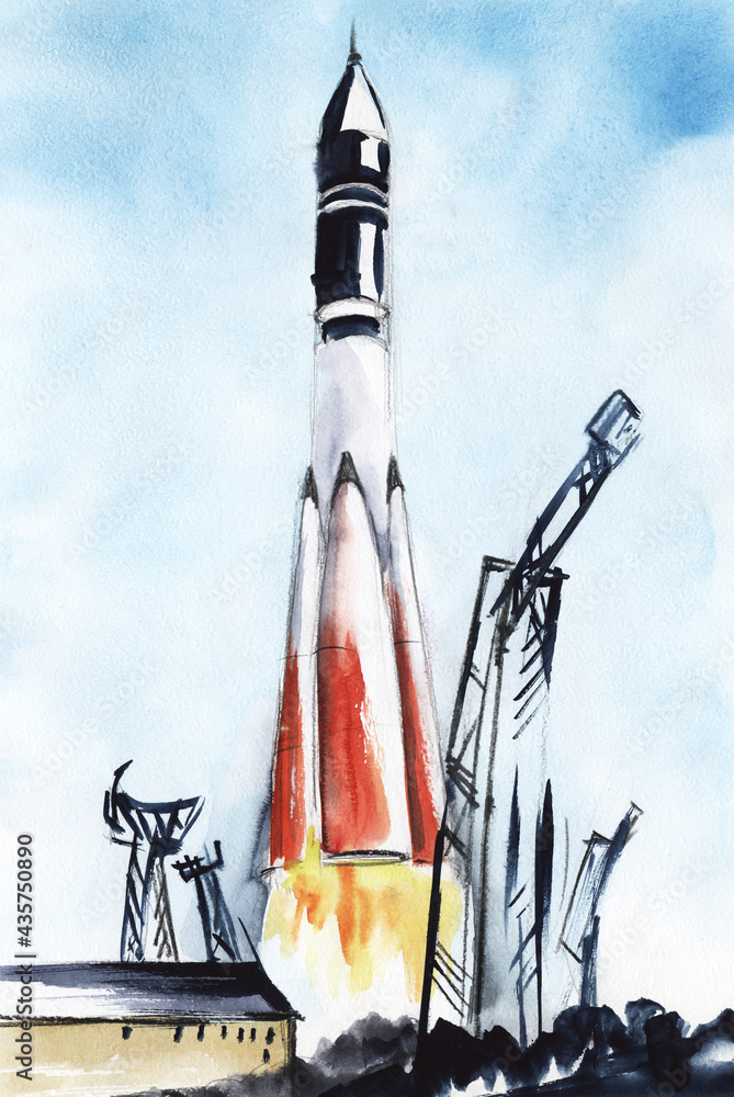 Watercolor landscape with spaceship takeoff. Historical moment of world ...