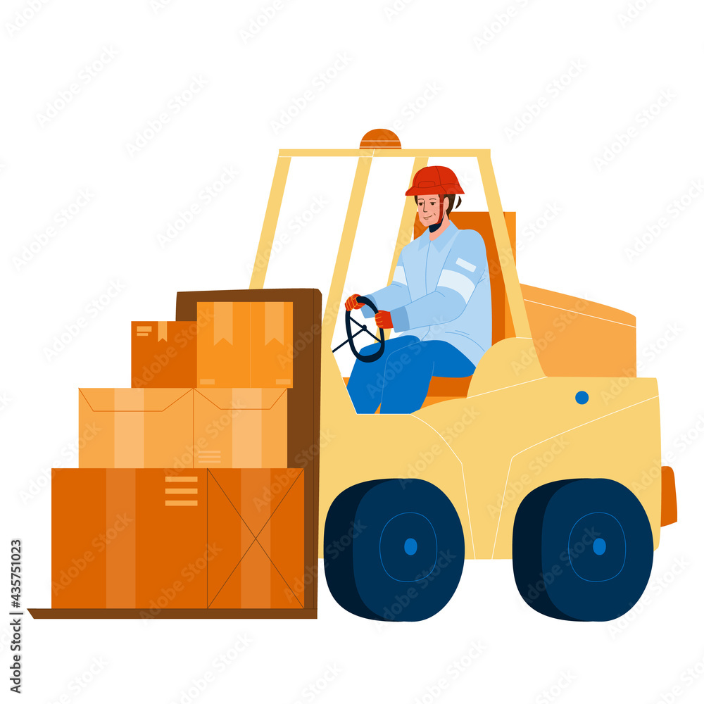 Forklift Worker Driving Truck In Warehouse Vector. Forklift Driver ...