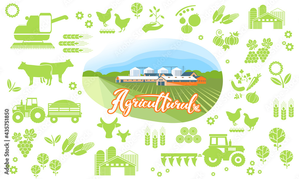 Agricultural background of farm icons. The vector illustration of the ...