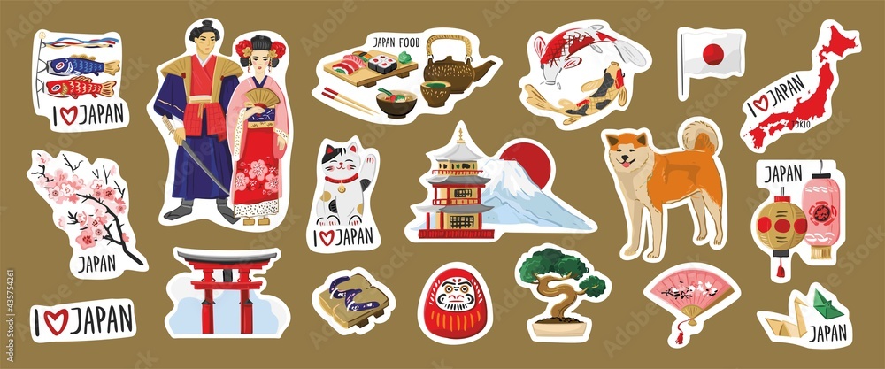 Sticker pack japanese symbols of culture, art, food, history. Set of ...