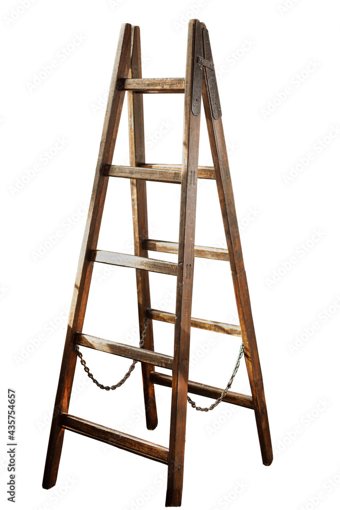 Wooden ladder isolated on white background. Double ladder with a chain ...