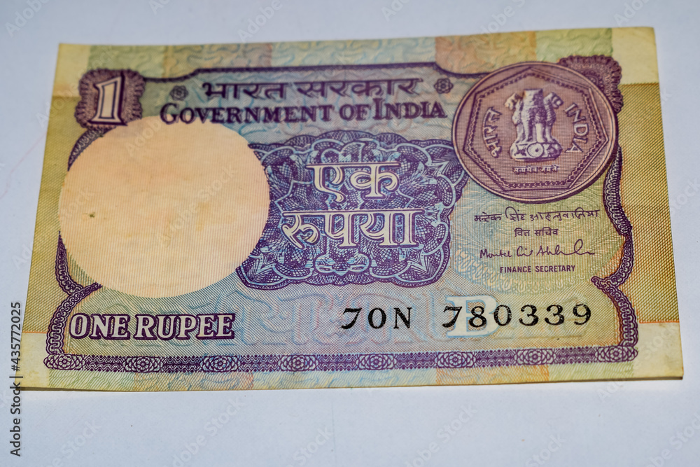 Indian One rupee currency note on white background, Government of india ...