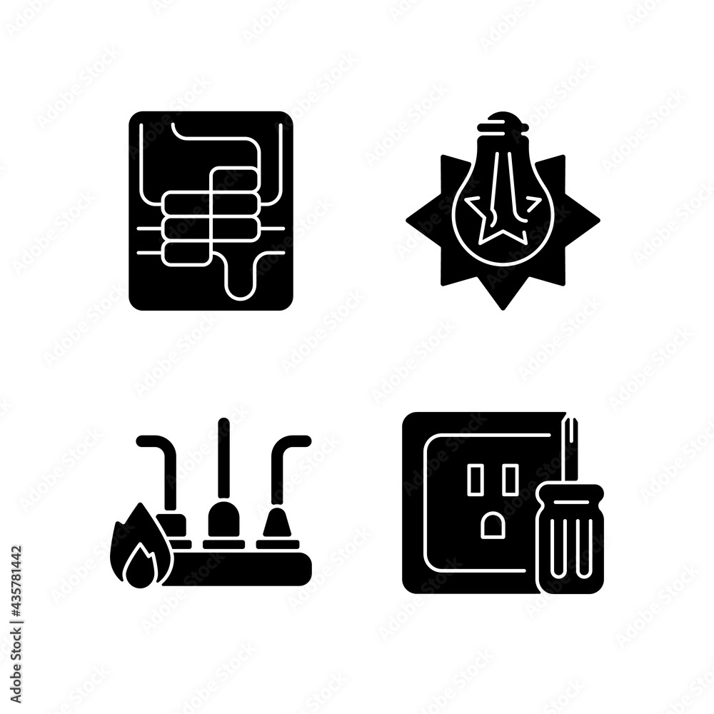 Electrician service black glyph icons set on white space. Circuit ...