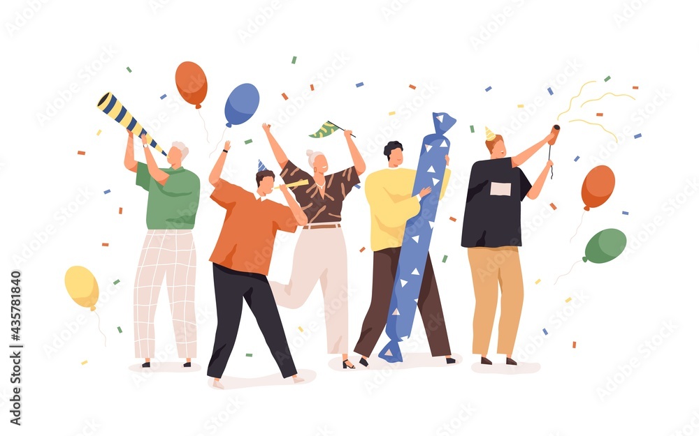 Happy people celebrating birthday with confetti, balloons, party hats ...