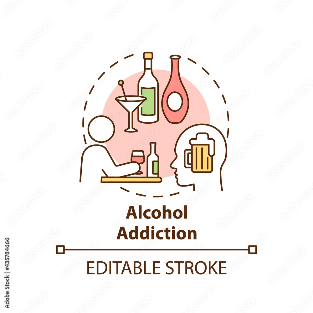 Alcohol addiction concept icon. Addiction types. Treatment of ...