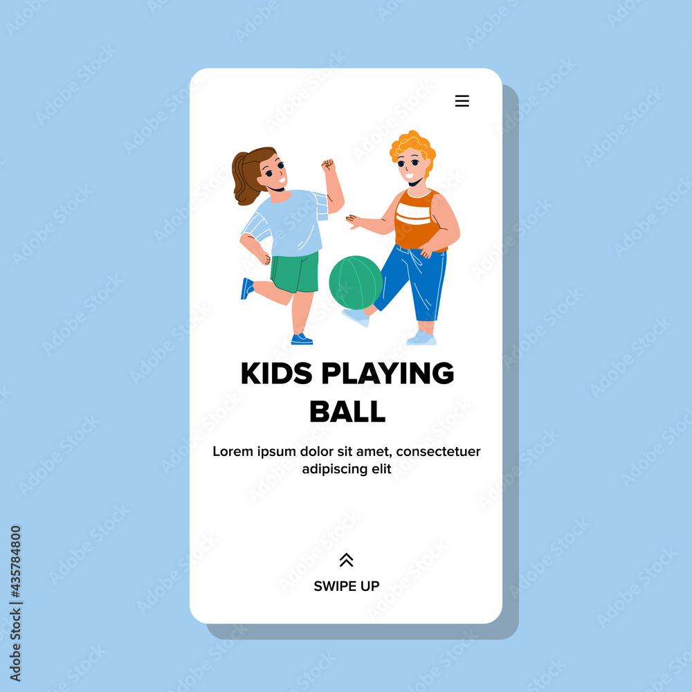 Kids Playing Ball On Kindergarten Field Vector. Preteen Boy And Girl ...