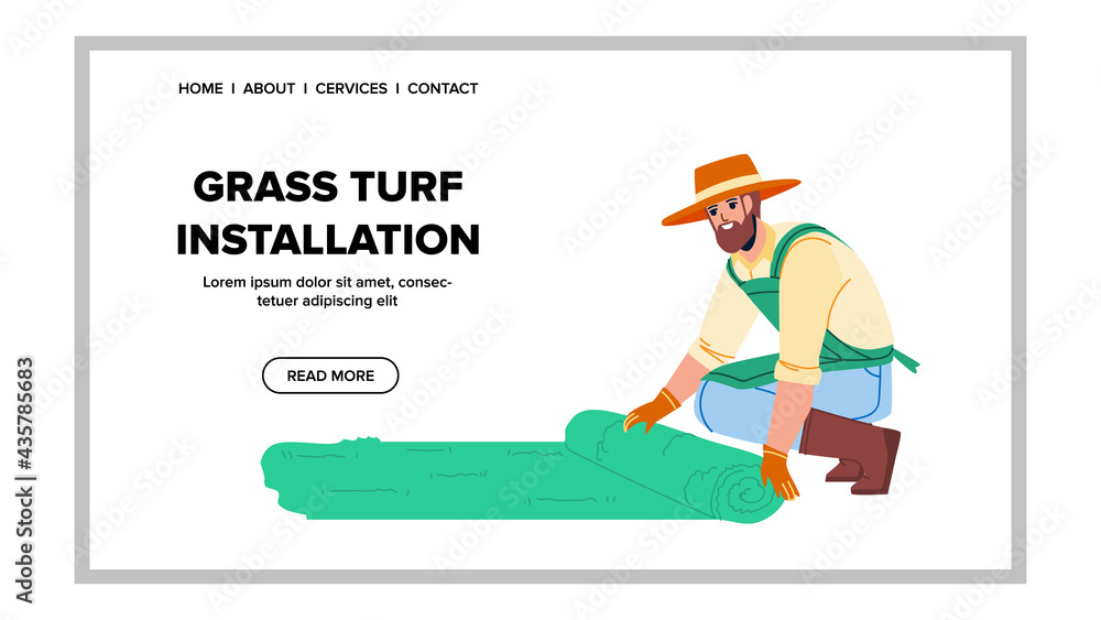 Grass Turf Installation Gardener In Garden Vector. Agricultural Worker ...