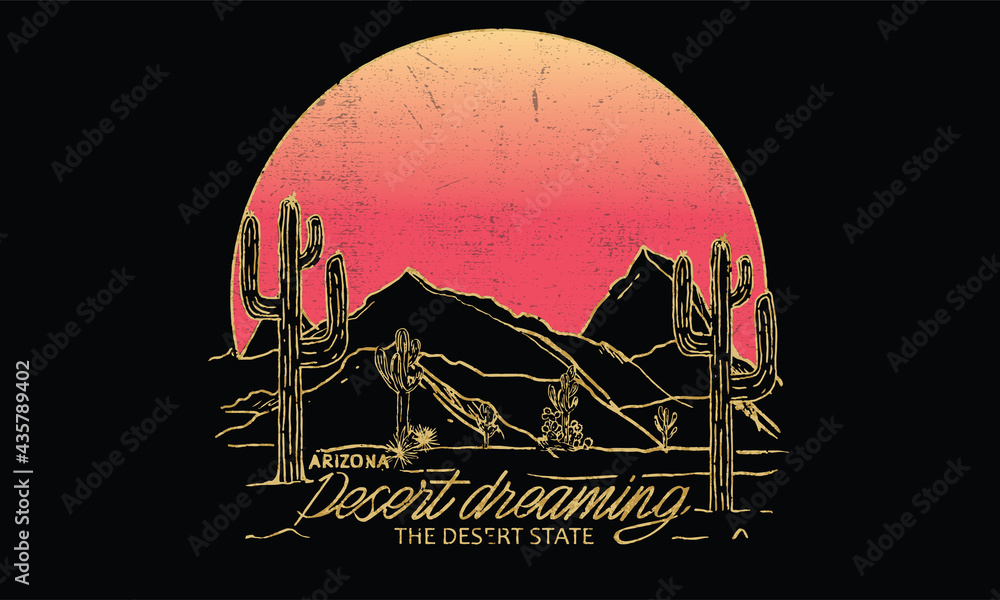 Arizona t-shirt design with mountains and sun. Desert graphics for tee ...