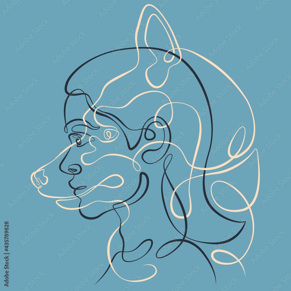 Fox face.One continuous line.Portrait of a female face.Animal head ...