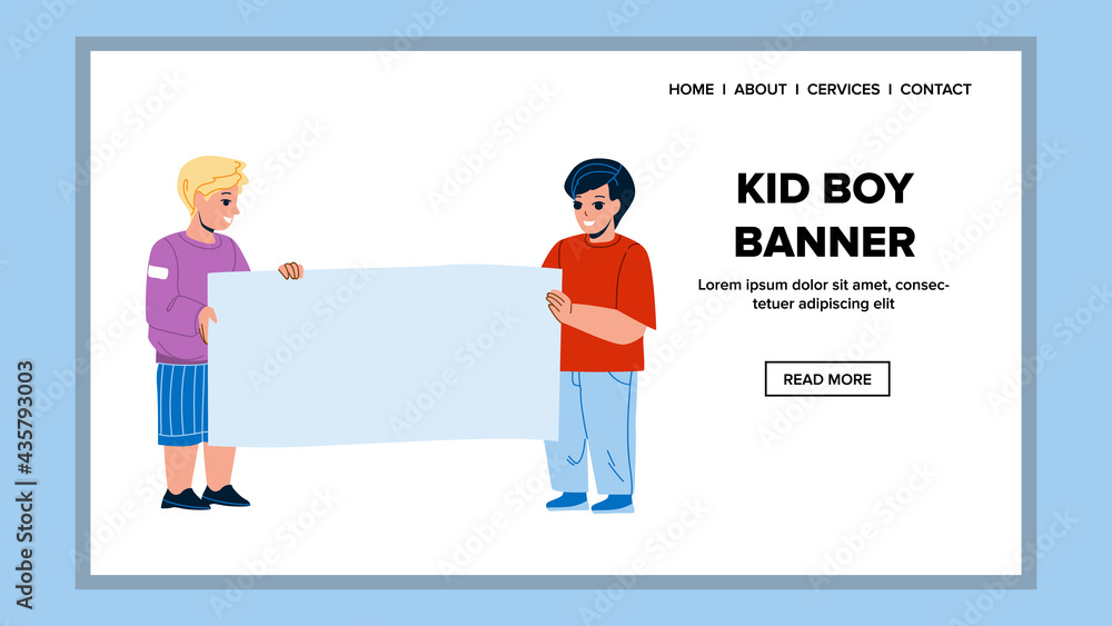 Kid Boy Holding Blank Empty Banner Together Vector. Little Children ...